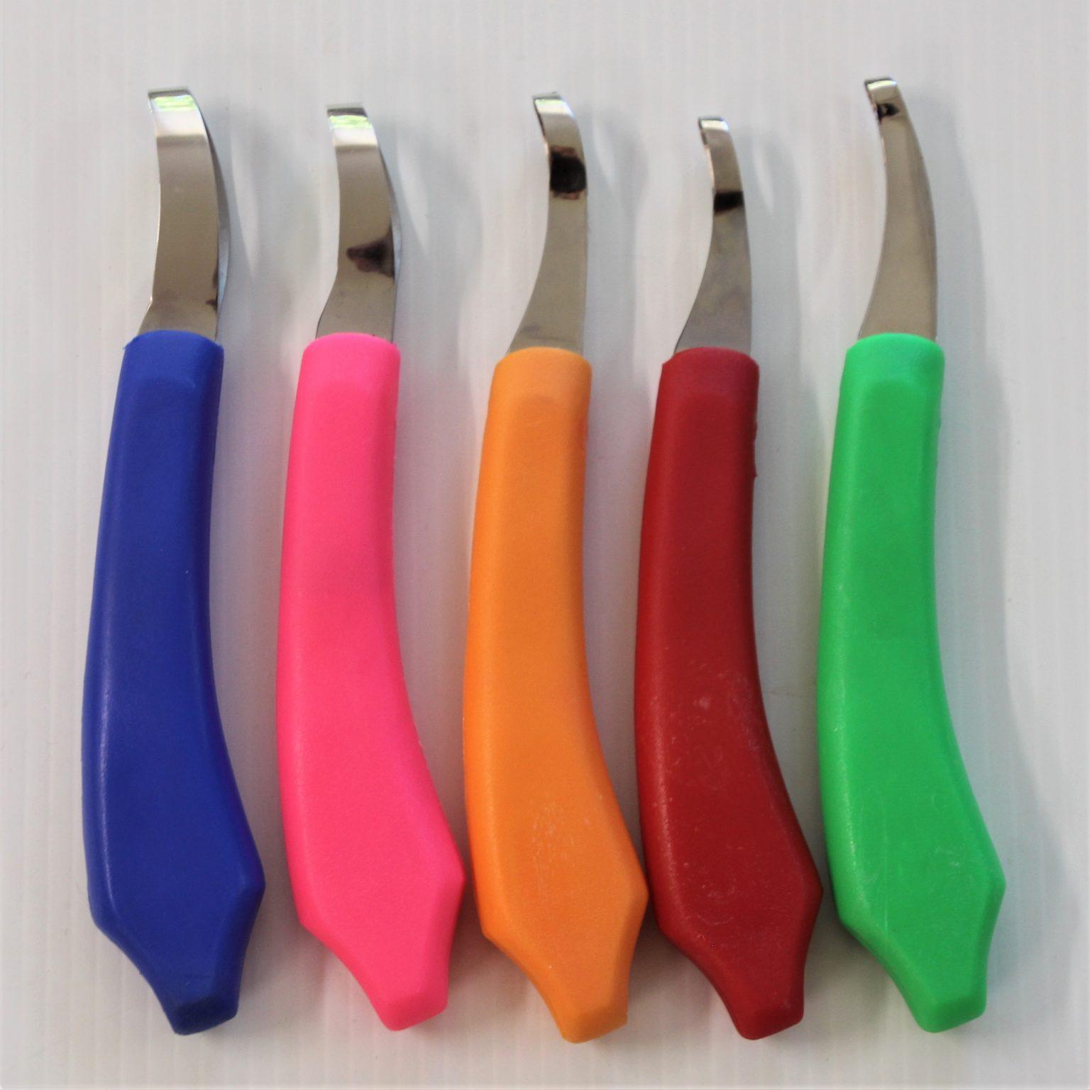 Fluro loop hoof knives comfortable tough plastic - The Barefoot Blacksmith
